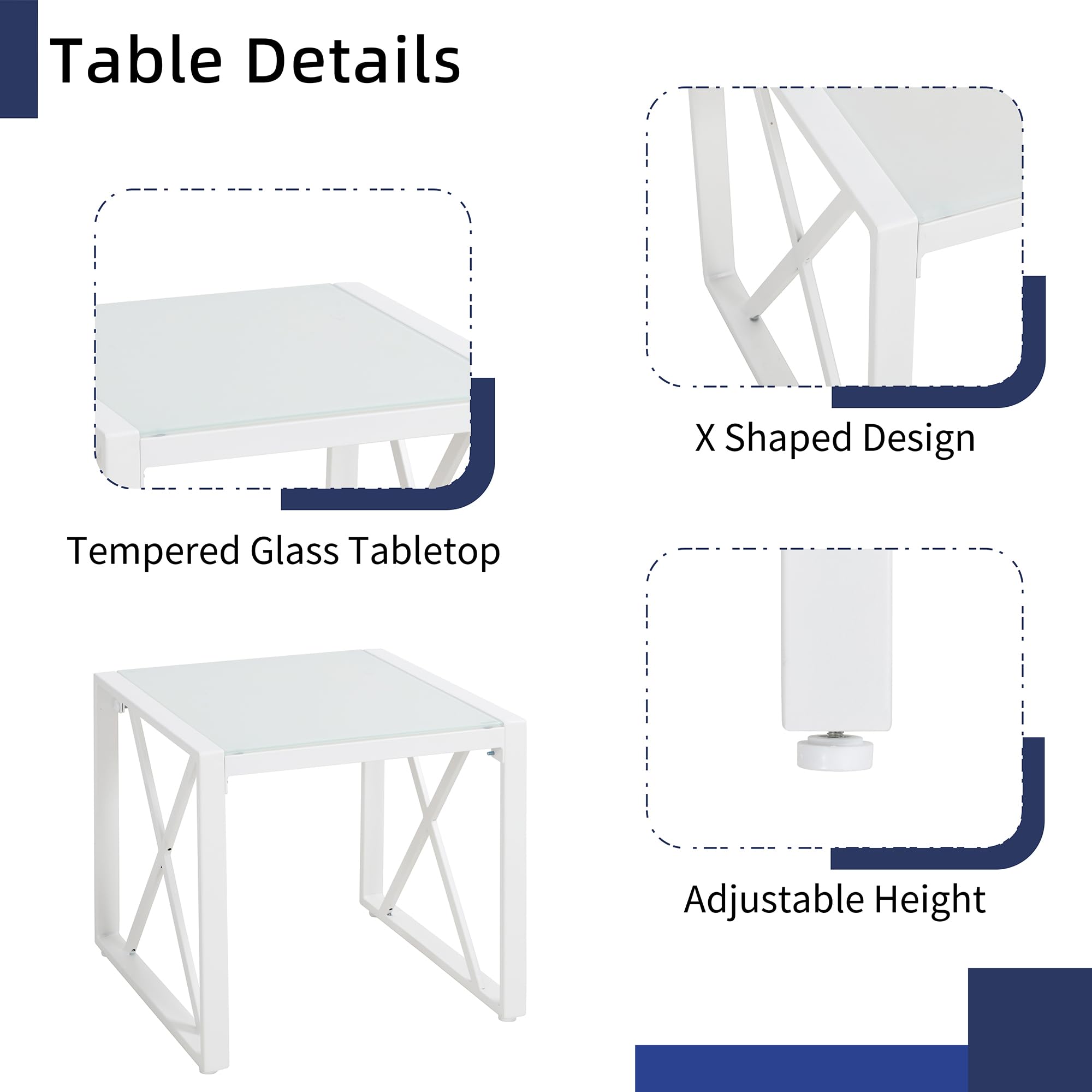 SUNLEI Patio Furniture 3-Piece Conversation Set, Small Outdoor Furniture with Deep Cushion Loveseat Sofa and Matching Side Coffee Table, Outside Metal Sofa Set for Balcony, Yard, White & Blue