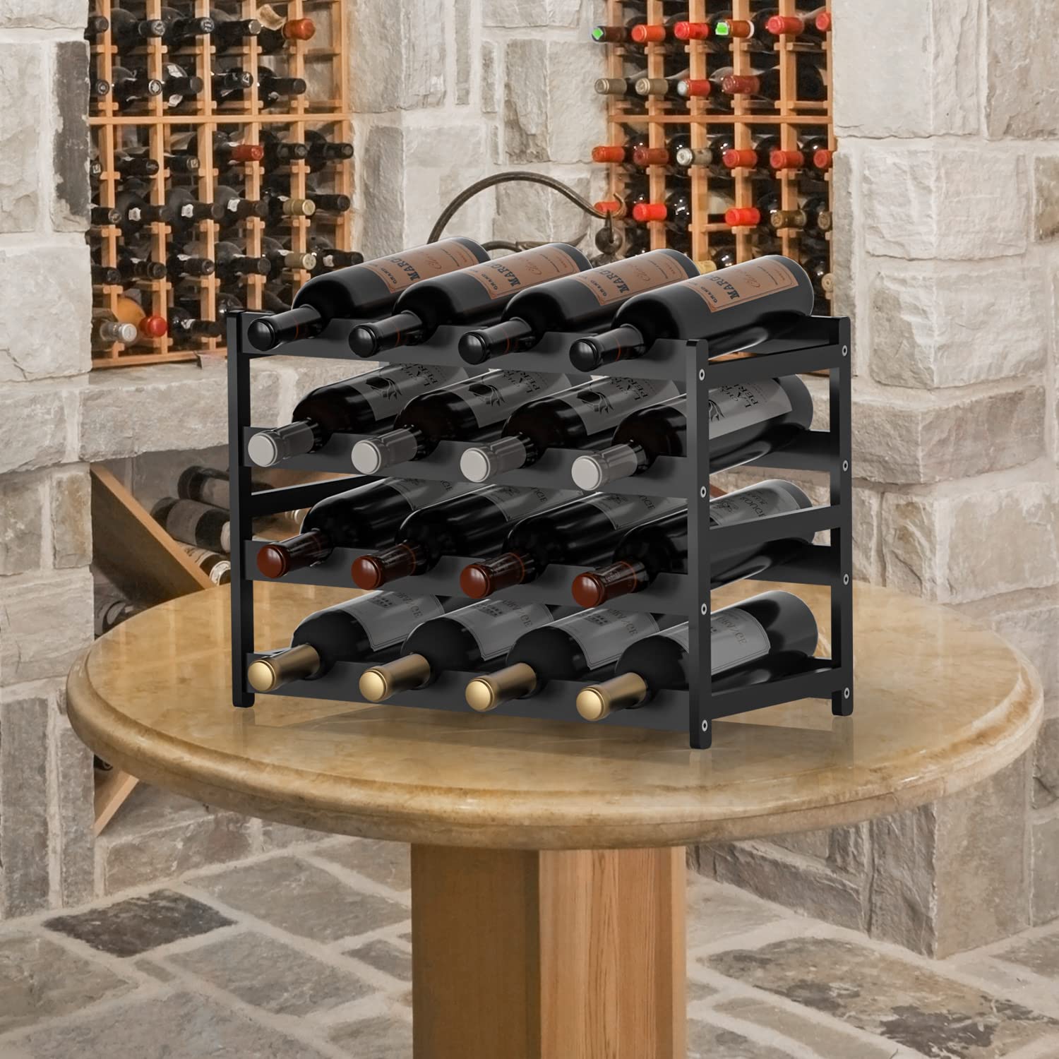 Ruichang Wine Rack Sturdy Wine Countertop,Bamboo Wine Bottle Holder Wine Storage Racks Counter Wine Stand Inserts for Cabinet Free Standing Floor Table Wine Organizer (4-Tier, 16 Bottle Capacity)