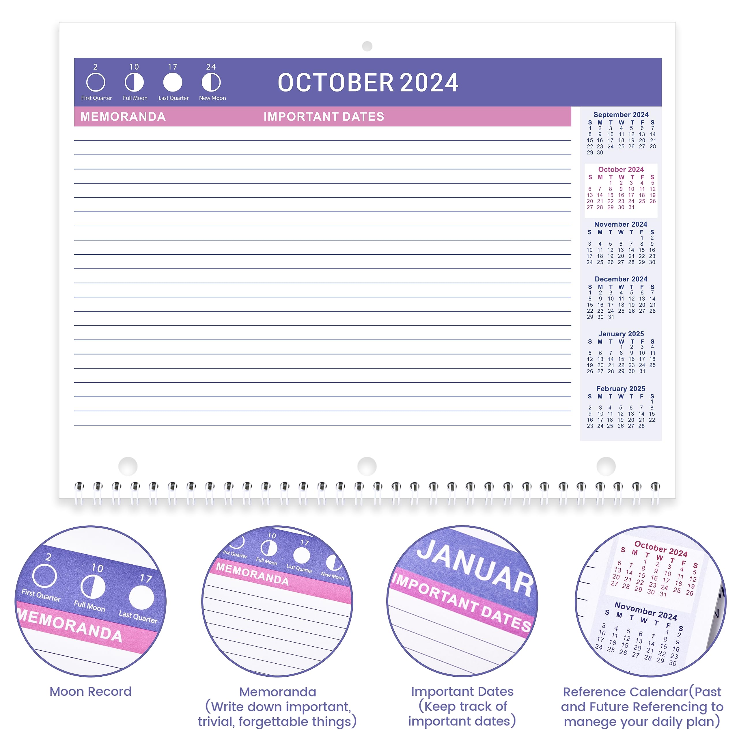 2024 Calendar - 2024 Wall Calendar, JAN. 2024 - DEC. 2024, 11" x 8.5", 12 Monthly Calendar 2024 with Twin-Wire Binding + Hanging Hook + Unuled Blocks with Julian Dates - Purple