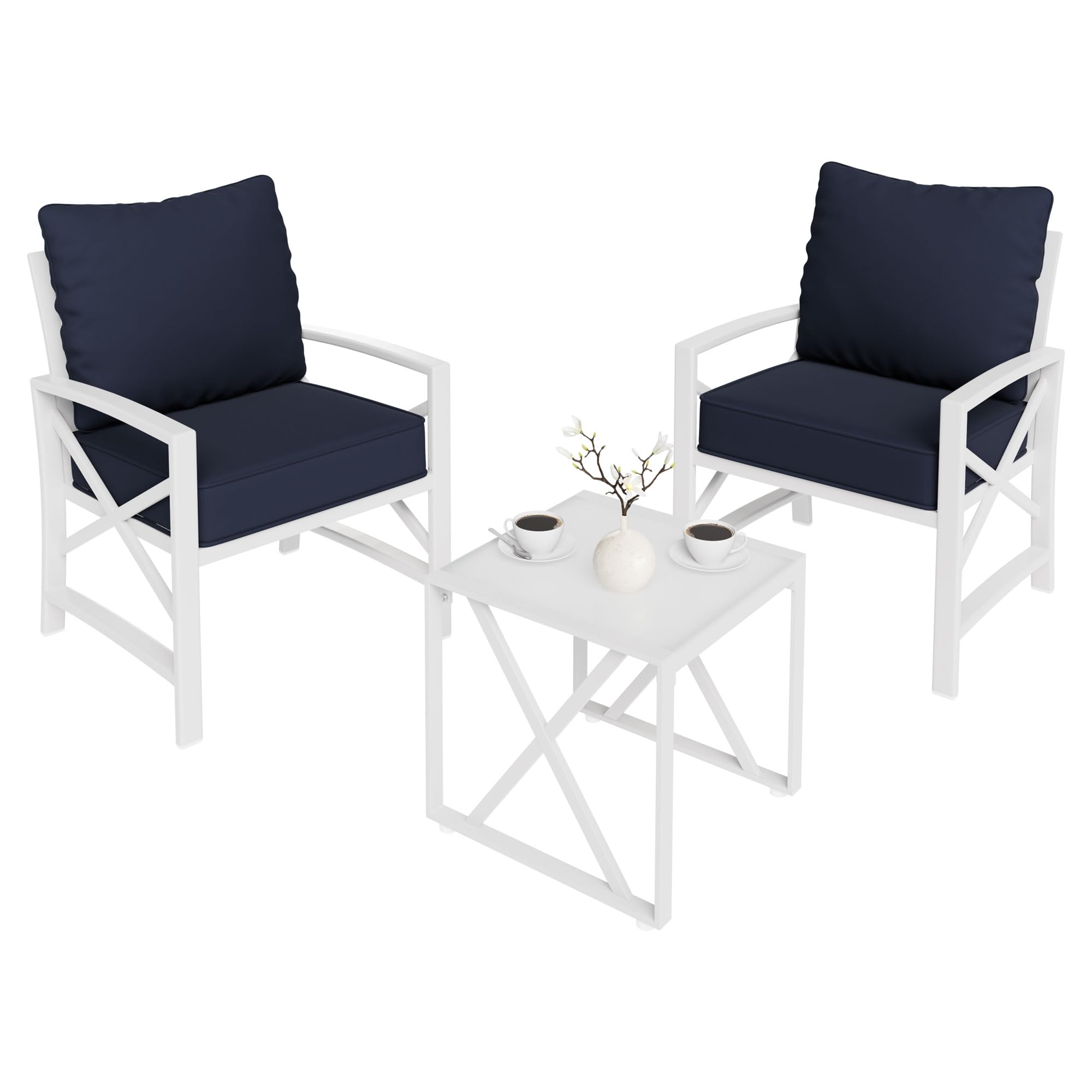 SUNLEI Patio Furniture 3-Piece Conversation Set, Small Outdoor Furniture with Deep Cushion Loveseat Sofa and Matching Side Coffee Table, Outside Metal Sofa Set for Balcony, Yard, White & Blue