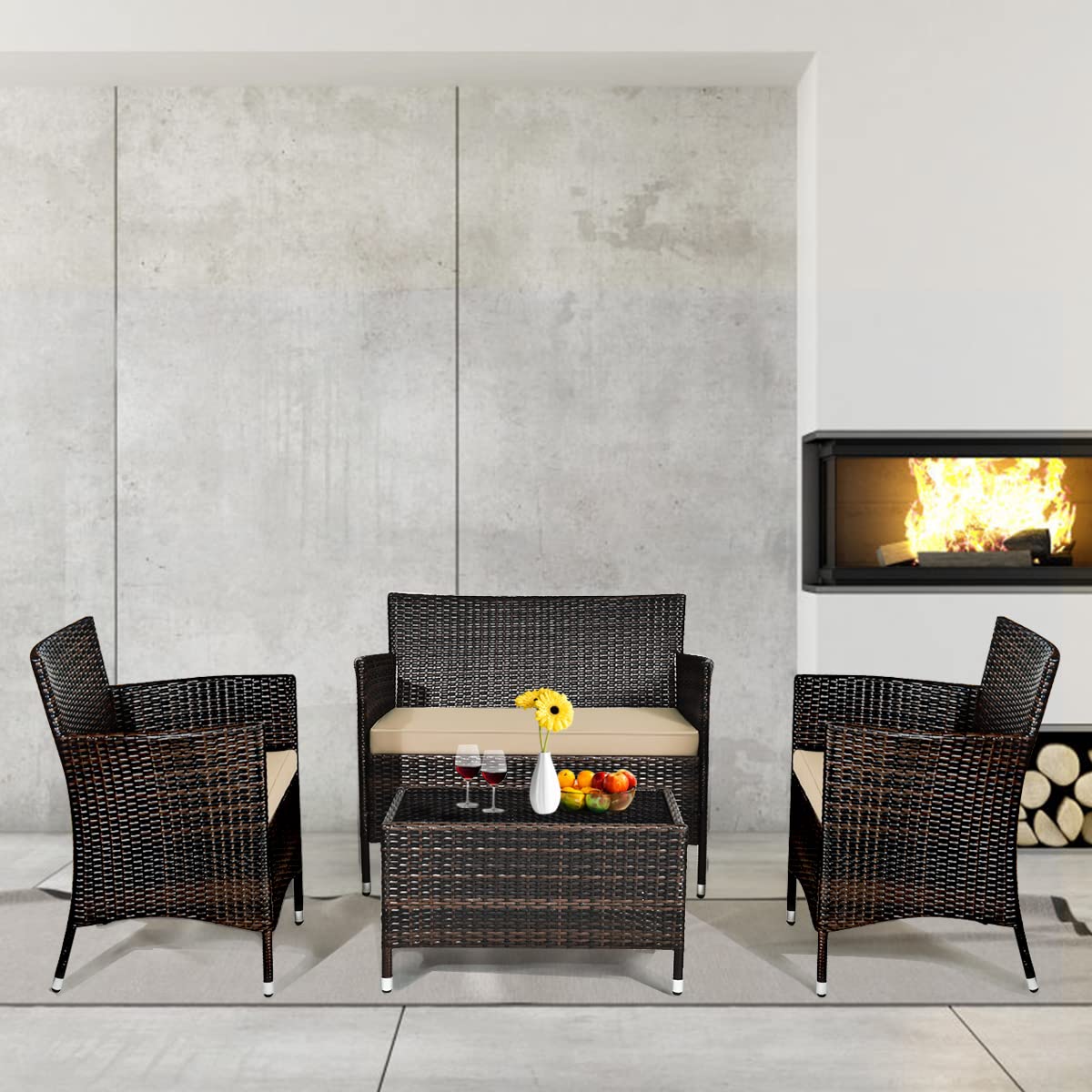 Toolsempire 4 Pieces Patio Sofa Set, Wicker Conversation Set with Ergonomic Curved Backrest, Patio Rattan Furniture Set with Water-Resistant Cushion & Tempered Glass Table for Balcony, Porch (Brown)