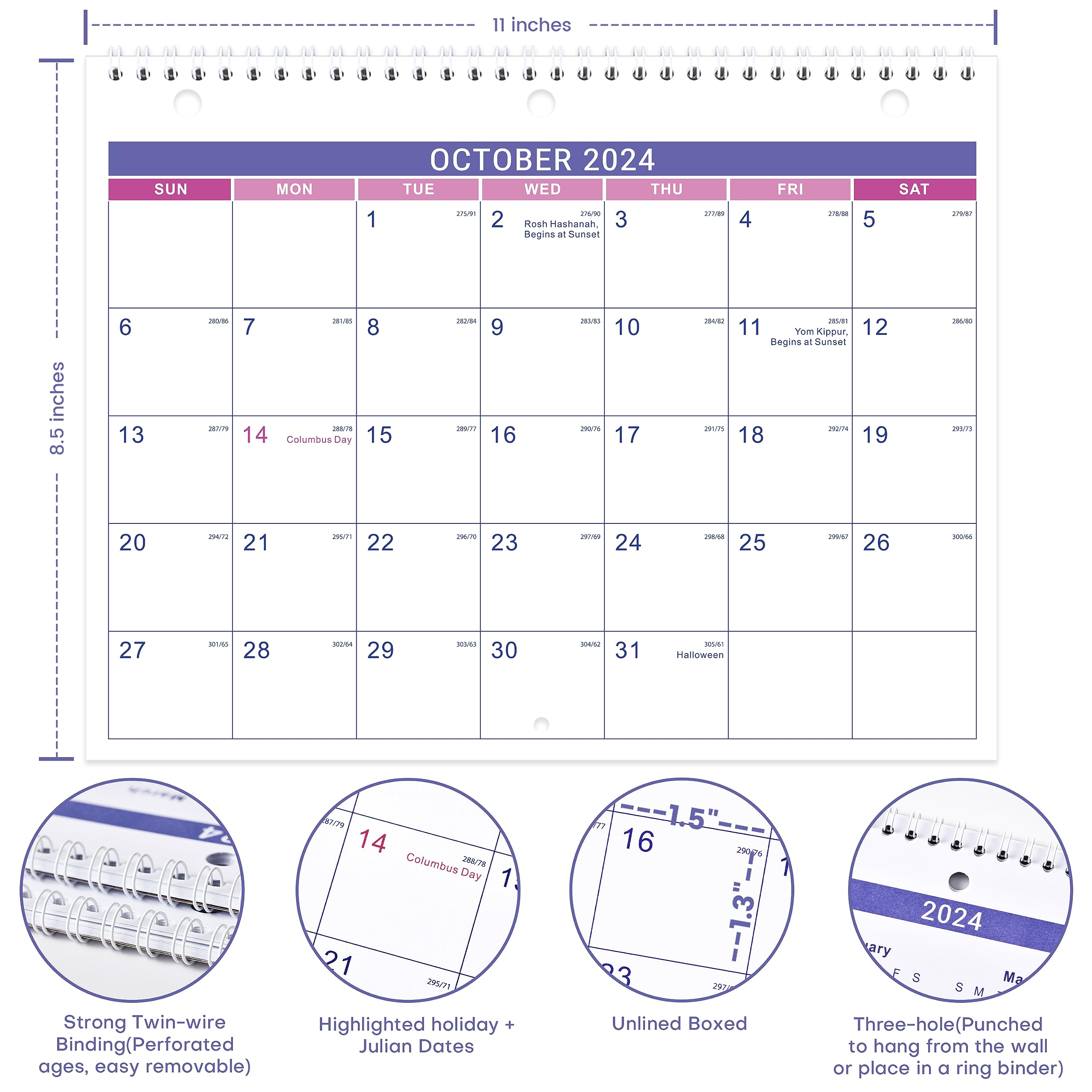 2024 Calendar - 2024 Wall Calendar, JAN. 2024 - DEC. 2024, 11" x 8.5", 12 Monthly Calendar 2024 with Twin-Wire Binding + Hanging Hook + Unuled Blocks with Julian Dates - Purple
