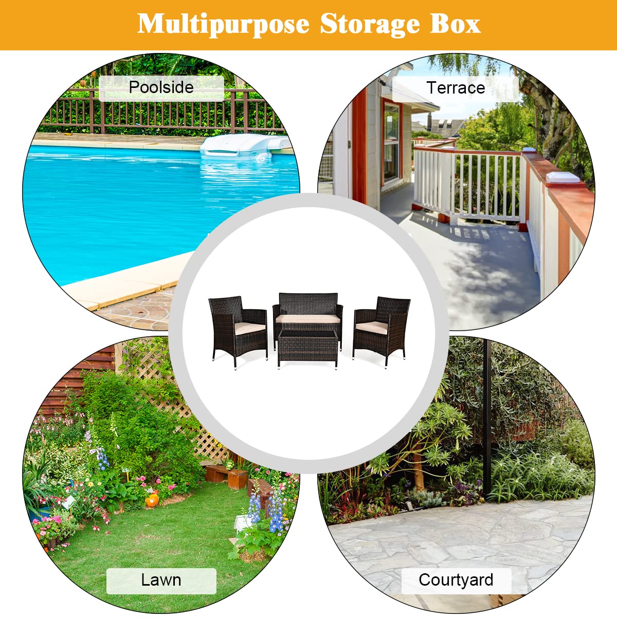 Toolsempire 4 Pieces Patio Sofa Set, Wicker Conversation Set with Ergonomic Curved Backrest, Patio Rattan Furniture Set with Water-Resistant Cushion & Tempered Glass Table for Balcony, Porch (Brown)