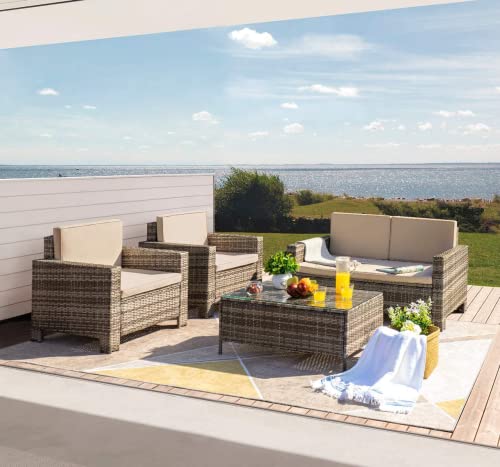 Flamaker 4 Piece Patio Furniture Outdoor Rattan Conversation Sofa Set with Patio Table and Chairs for Porch Backyard Poolside (Grey)