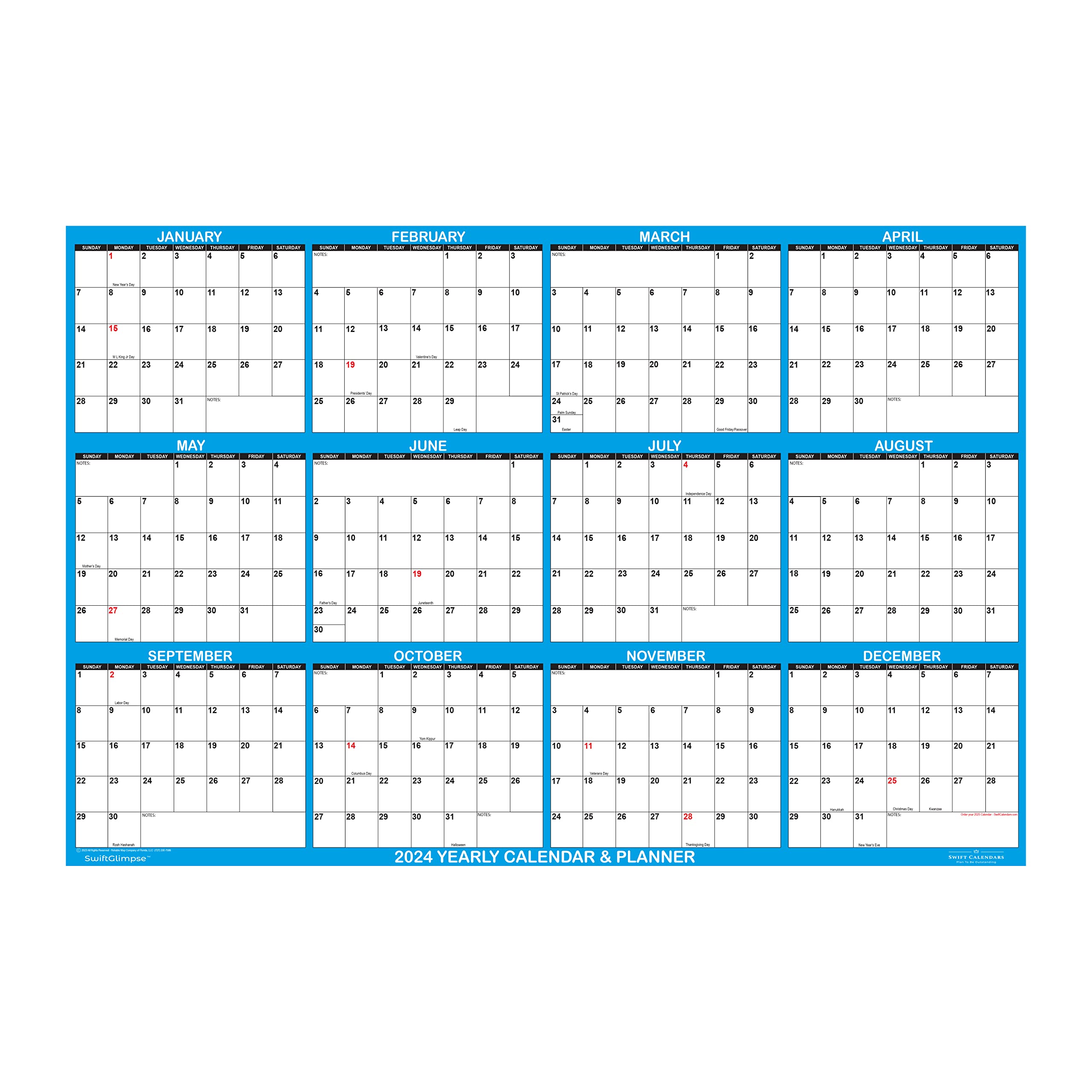 32" x 48" SwiftGlimpse 2024 Wall Calendar Erasable Large XL Wet & Dry Erase Laminated 12 Month Annual Yearly Wall Planner, Horizontal, Navy