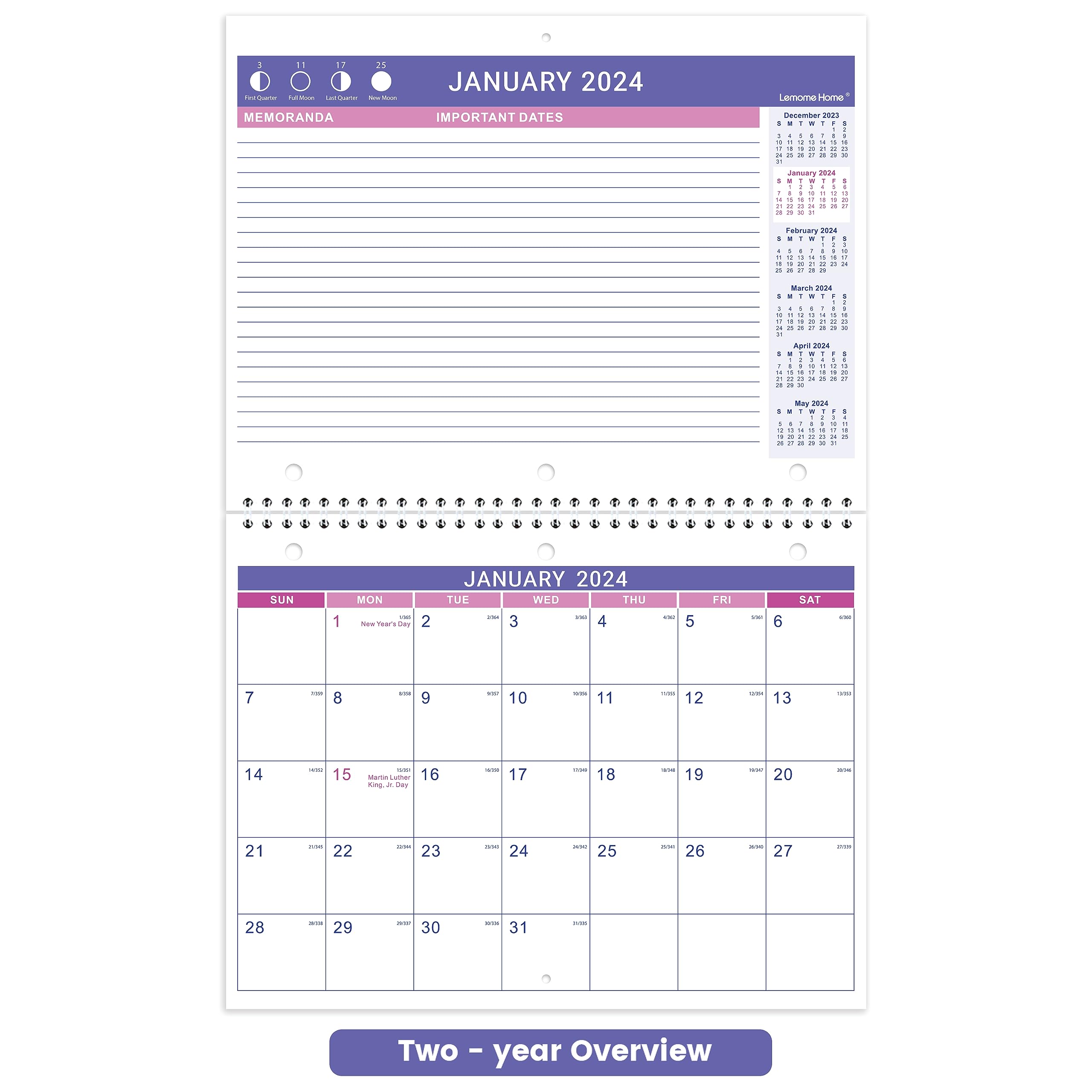 2024 Calendar - 2024 Wall Calendar, JAN. 2024 - DEC. 2024, 11" x 8.5", 12 Monthly Calendar 2024 with Twin-Wire Binding + Hanging Hook + Unuled Blocks with Julian Dates - Purple