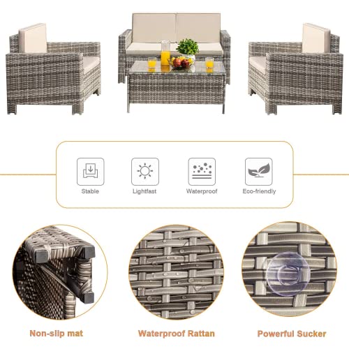 Flamaker 4 Piece Patio Furniture Outdoor Rattan Conversation Sofa Set with Patio Table and Chairs for Porch Backyard Poolside (Grey)