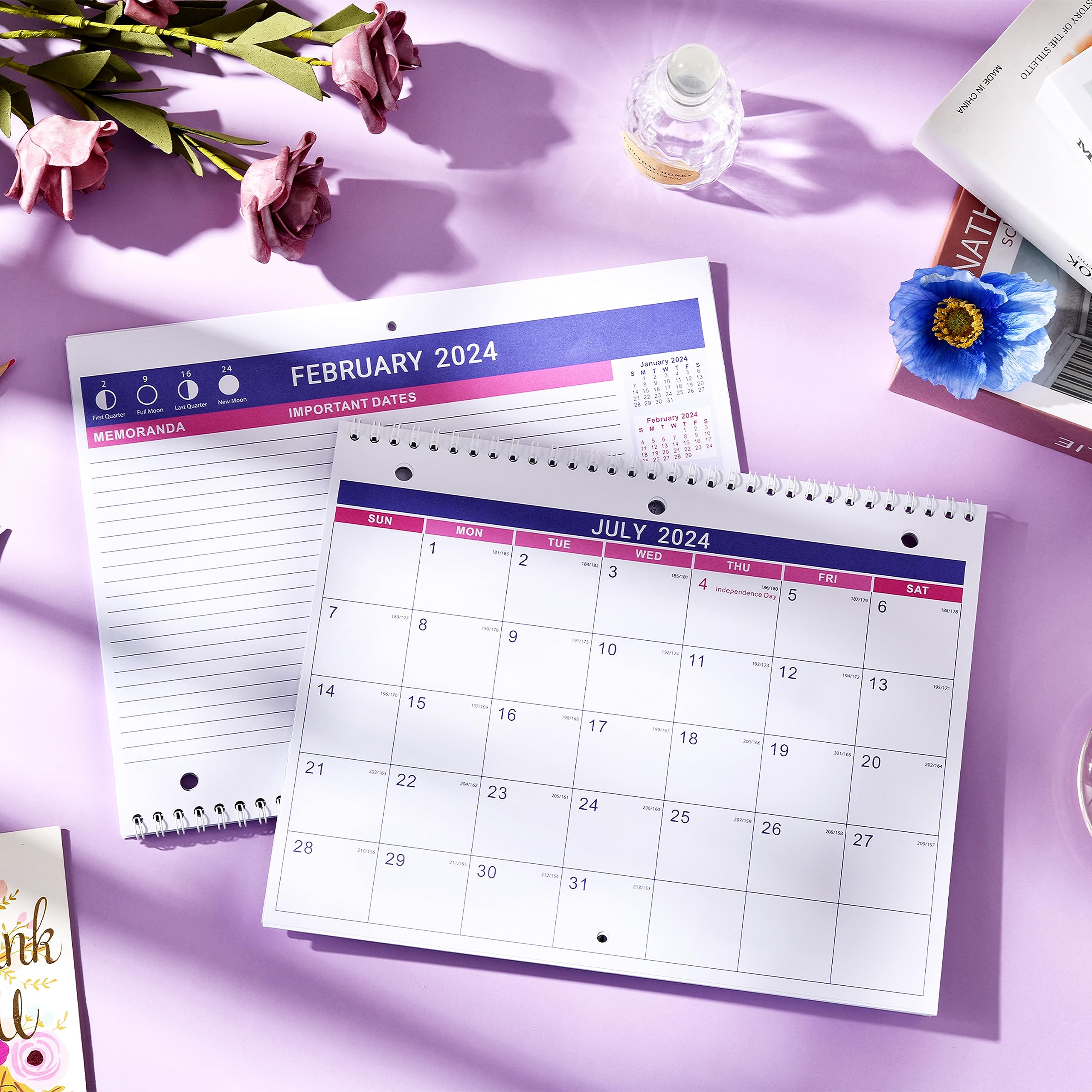 2024 Calendar - 2024 Wall Calendar, JAN. 2024 - DEC. 2024, 11" x 8.5", 12 Monthly Calendar 2024 with Twin-Wire Binding + Hanging Hook + Unuled Blocks with Julian Dates - Purple