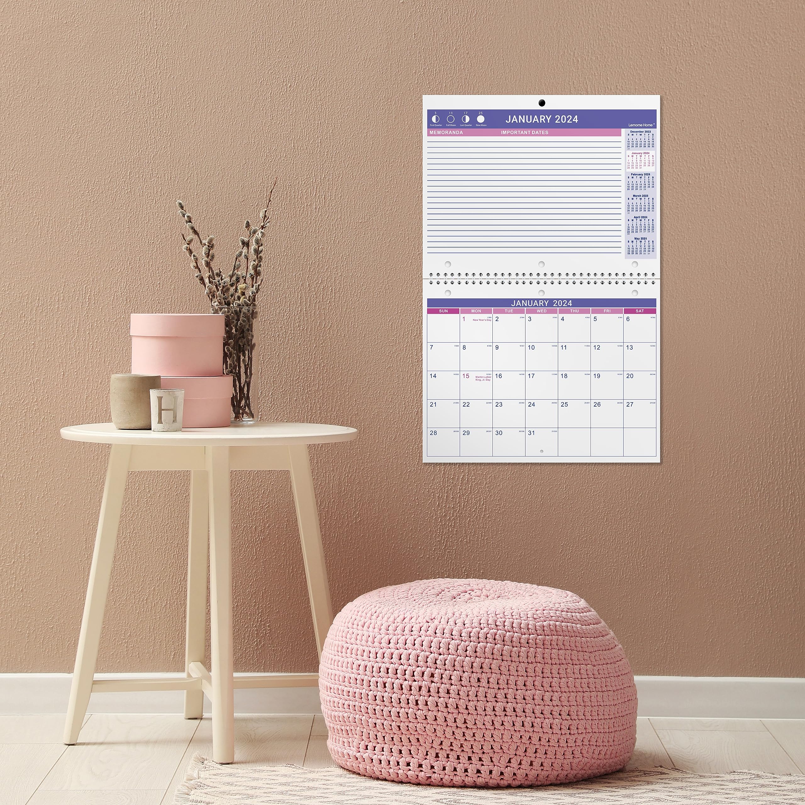 2024 Calendar - 2024 Wall Calendar, JAN. 2024 - DEC. 2024, 11" x 8.5", 12 Monthly Calendar 2024 with Twin-Wire Binding + Hanging Hook + Unuled Blocks with Julian Dates - Purple