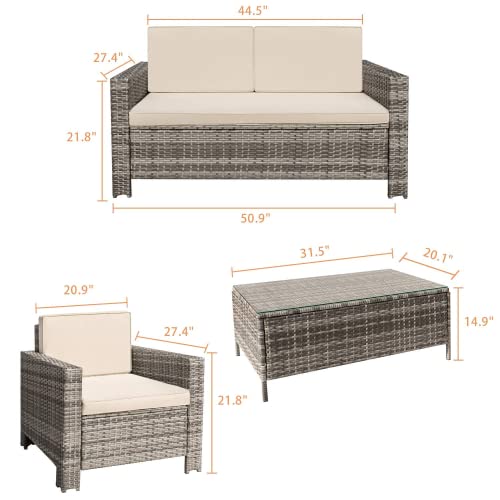 Flamaker 4 Piece Patio Furniture Outdoor Rattan Conversation Sofa Set with Patio Table and Chairs for Porch Backyard Poolside (Grey)
