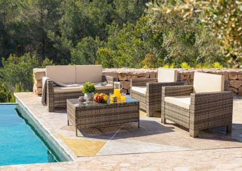 Flamaker 4 Piece Patio Furniture Outdoor Rattan Conversation Sofa Set with Patio Table and Chairs for Porch Backyard Poolside (Grey)