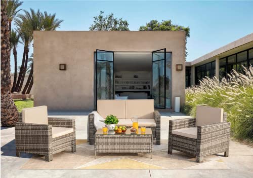 Flamaker 4 Piece Patio Furniture Outdoor Rattan Conversation Sofa Set with Patio Table and Chairs for Porch Backyard Poolside (Grey)
