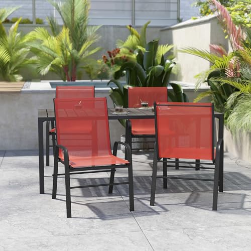 Flash Furniture Brazos Series Red Outdoor Stack Chair with Flex Comfort Material and Metal Frame, Set of 4
