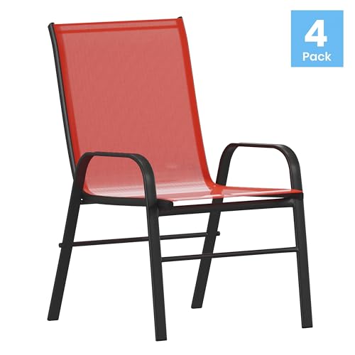 Flash Furniture Brazos Series Red Outdoor Stack Chair with Flex Comfort Material and Metal Frame, Set of 4