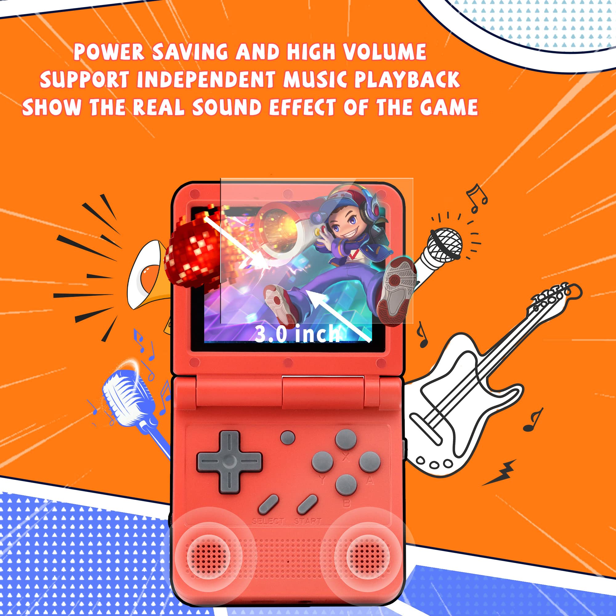 Retro Handheld Game Console 3 inch IPS Screen, Mini Clamshell Open Source System Games Consoles with 64G TF-Retro Games, Built-in Rechargeable Battery, Portable Hand Held Game Video Consoles (Red)