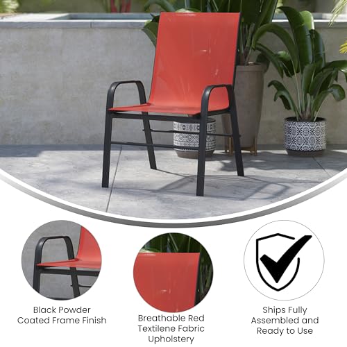 Flash Furniture Brazos Series Red Outdoor Stack Chair with Flex Comfort Material and Metal Frame, Set of 4