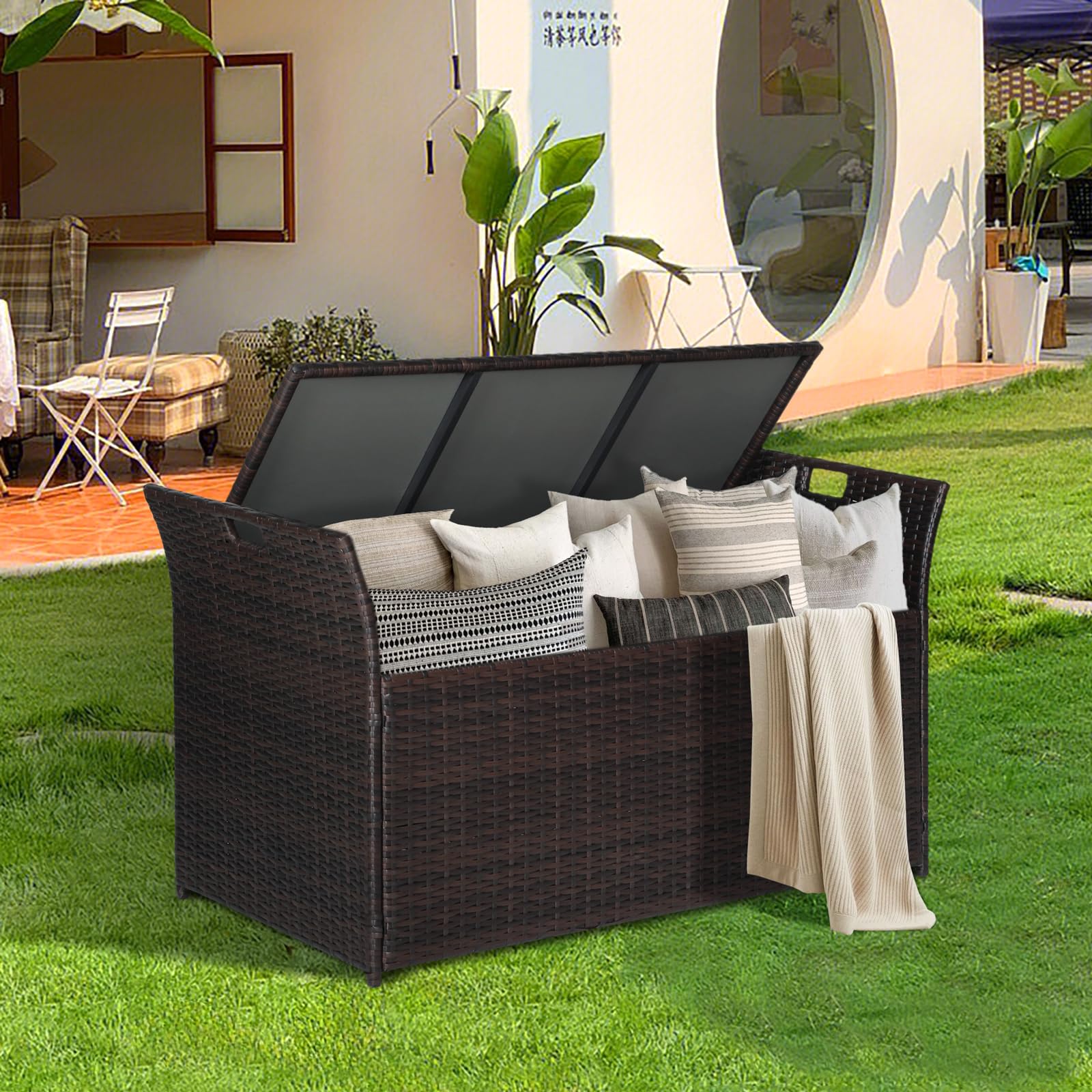 Patiomore 3 Pieces Outdoor Bistro Set Patio Furniture Set PE Brown Wicker Patio Chairs with Coffee Table for Front Porch, Balcony, Backyard (Navy Blue Cushion)