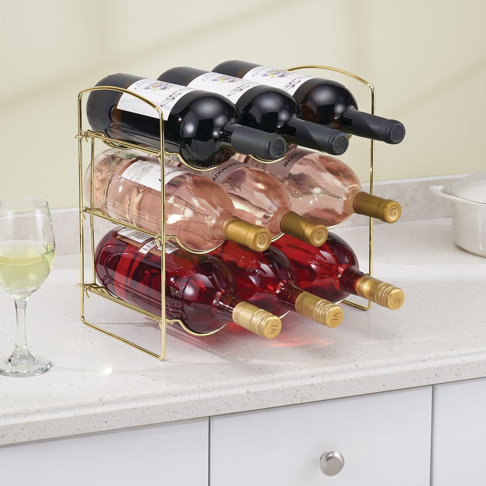 mDesign Decorative Durable Metal Wire Free-Standing Wine Bottle Rack - Storage Organizer for Kitchen Countertops - Displays and Holds 9 Bottles - Soft Brass