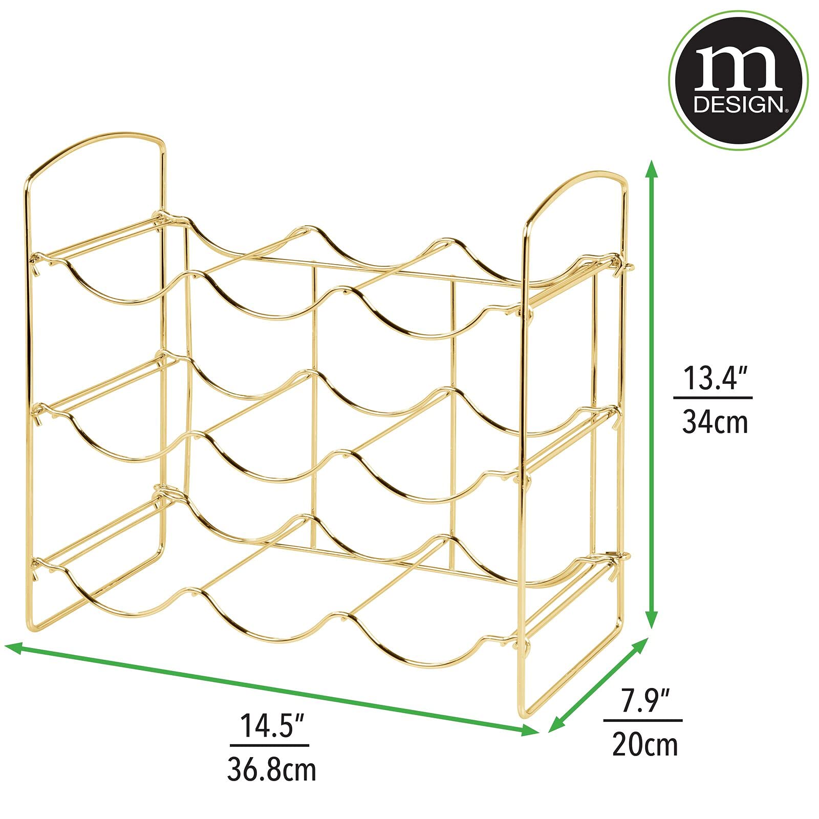 mDesign Decorative Durable Metal Wire Free-Standing Wine Bottle Rack - Storage Organizer for Kitchen Countertops - Displays and Holds 9 Bottles - Soft Brass