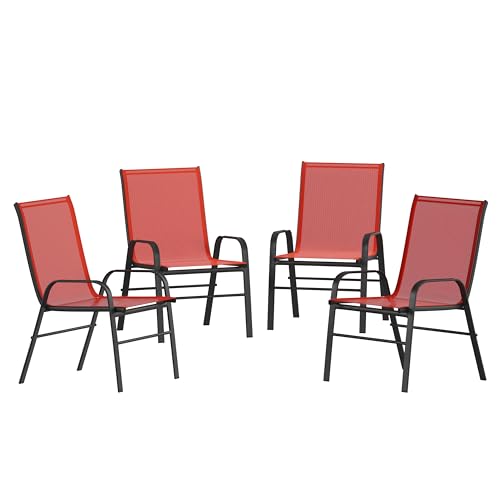Flash Furniture Brazos Series Red Outdoor Stack Chair with Flex Comfort Material and Metal Frame, Set of 4