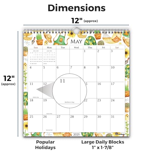 CRANBURY Large 12x12 Wall Calendar 2025 (Seasons), Square Hanging Calendar, Big Grid, Colorful Seasonal Monthly Designs