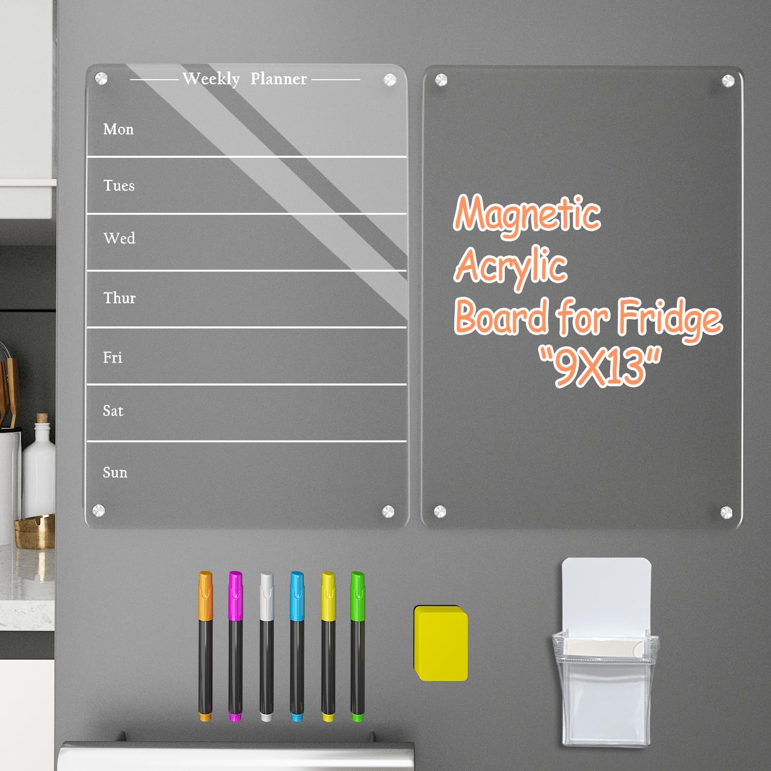 2 PCS 9"x13" Clear Weekly Meal Planner Magnetic Acrylic Board,Acrylic Magnetic Dry Erase Board for Fridge, Magnet Week Calendar for Refrigerator Includes 6 Colors Markers and Pen Container