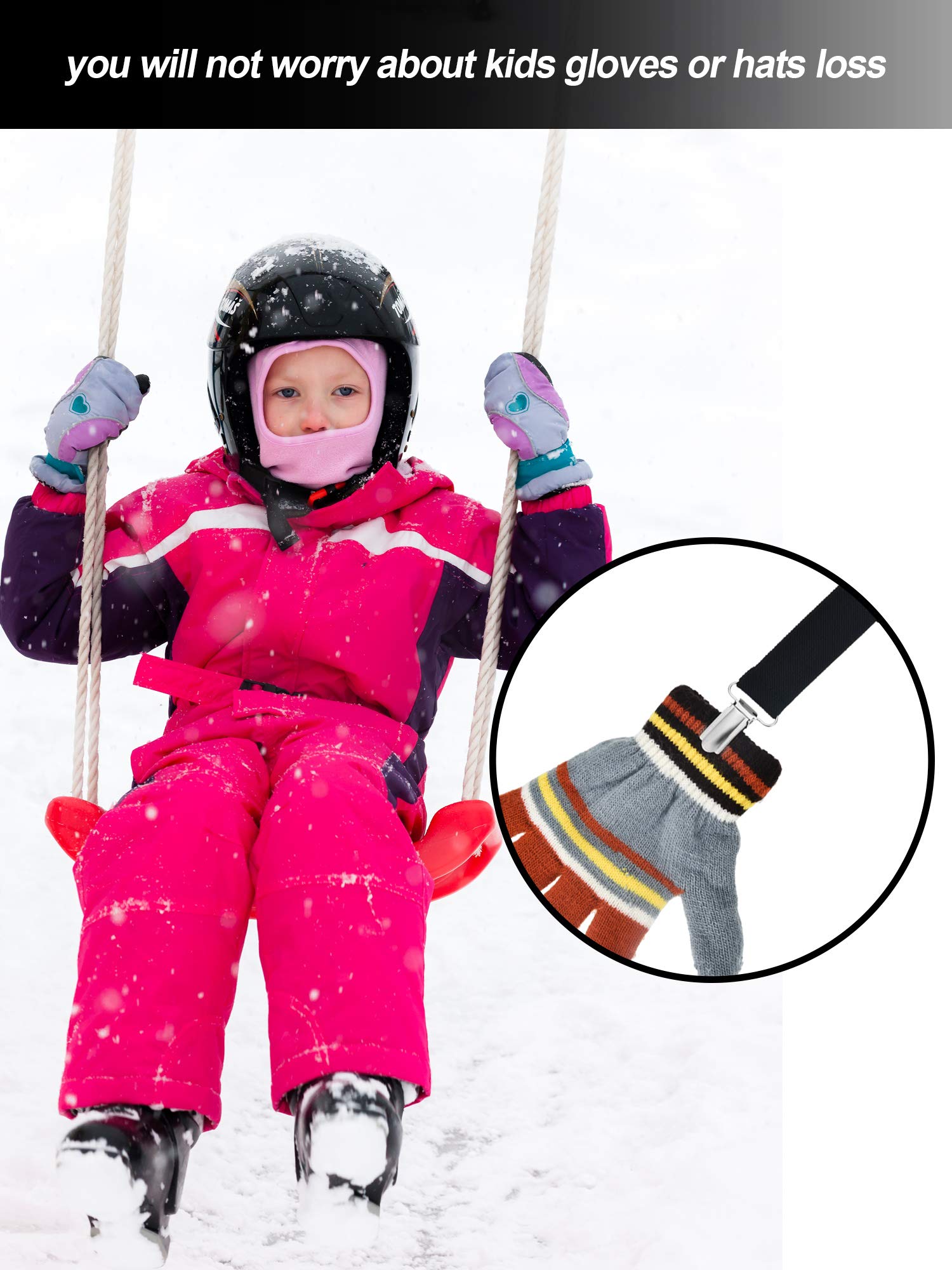 CHENGU 4 Pieces Strong Stainless Steel Mitten Clips Elastic Gloves Caps Clips for Baby and Kids, Black, 13.5 cm/ 5.3 inches