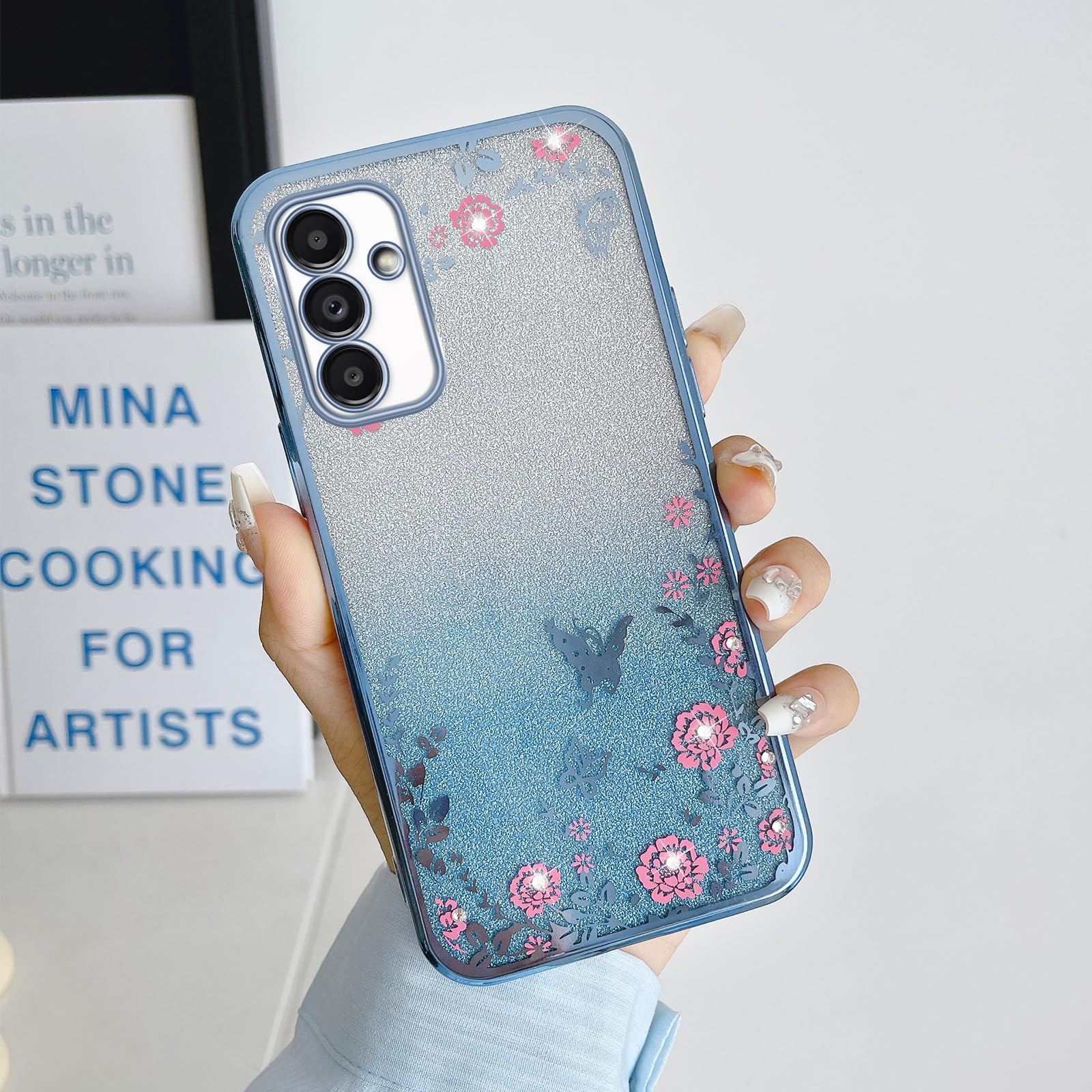 for Samsung Galaxy A13 5G Case, A13 Phone Case for Women Gradual Change Glitter Crystal TPU Stylish Butterfly Floral Heart Clear Protective Cover with Strap for Samsung Galaxy A13 5G (Sierra Blue)