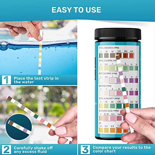 Pool Test Strips, 7in1 Quick & Accurate Pool and Spa Test Strips, Pool Water Test Kit - 100 Bromine, pH, Hardness, Alkalinity, Chlorine Pool Water Tests, Spa and Hot Tub Test Strips with E-Book - JNW