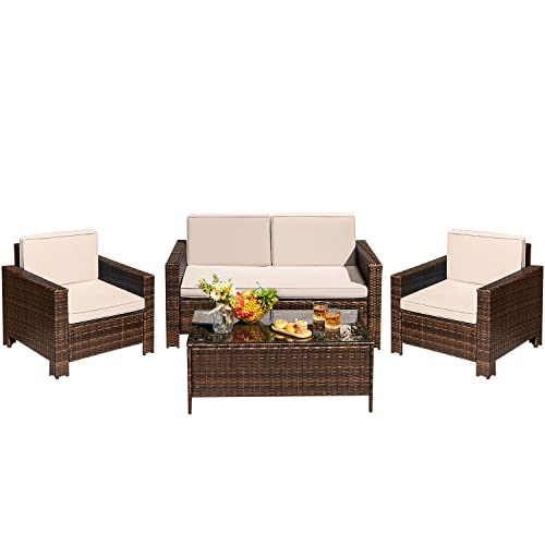 Greesum 4 Pieces Patio Furniture Sets, Wicker Rattan Sofa Chair with Soft Cushions and Sturdy Coffee Table, Outdoor-Indoor Use for Backyard Porch Garden Poolside Balcony, Beige and Brown