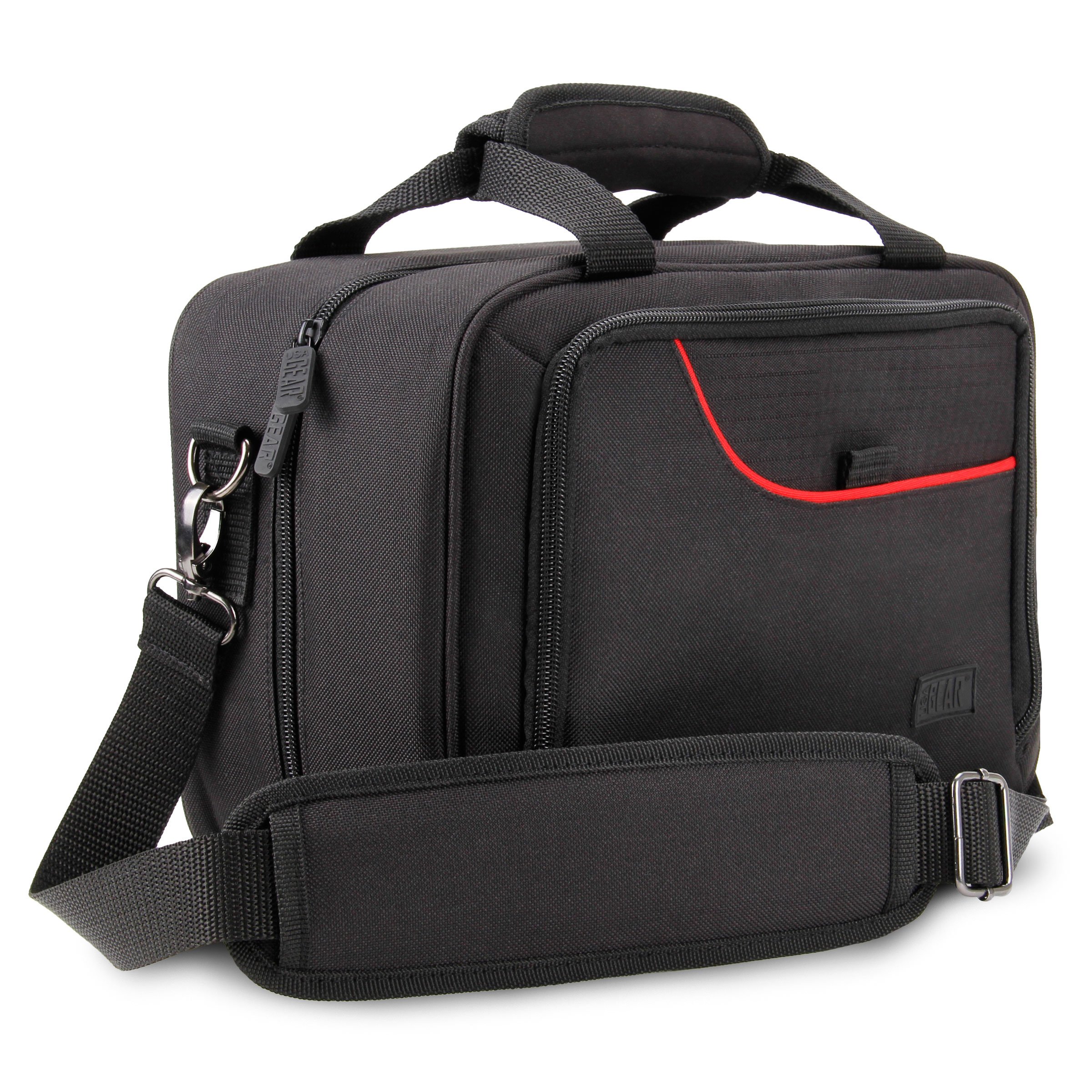 USA Gear Carrying Case Compatible with Logitech G Cloud, ASUS ROG Ally, PS5 Portal, Lenovo Legion Go & More - Protective Shoulder Bag Fits Headsets, Portable Console, AC Adapter, Dock Station - Red