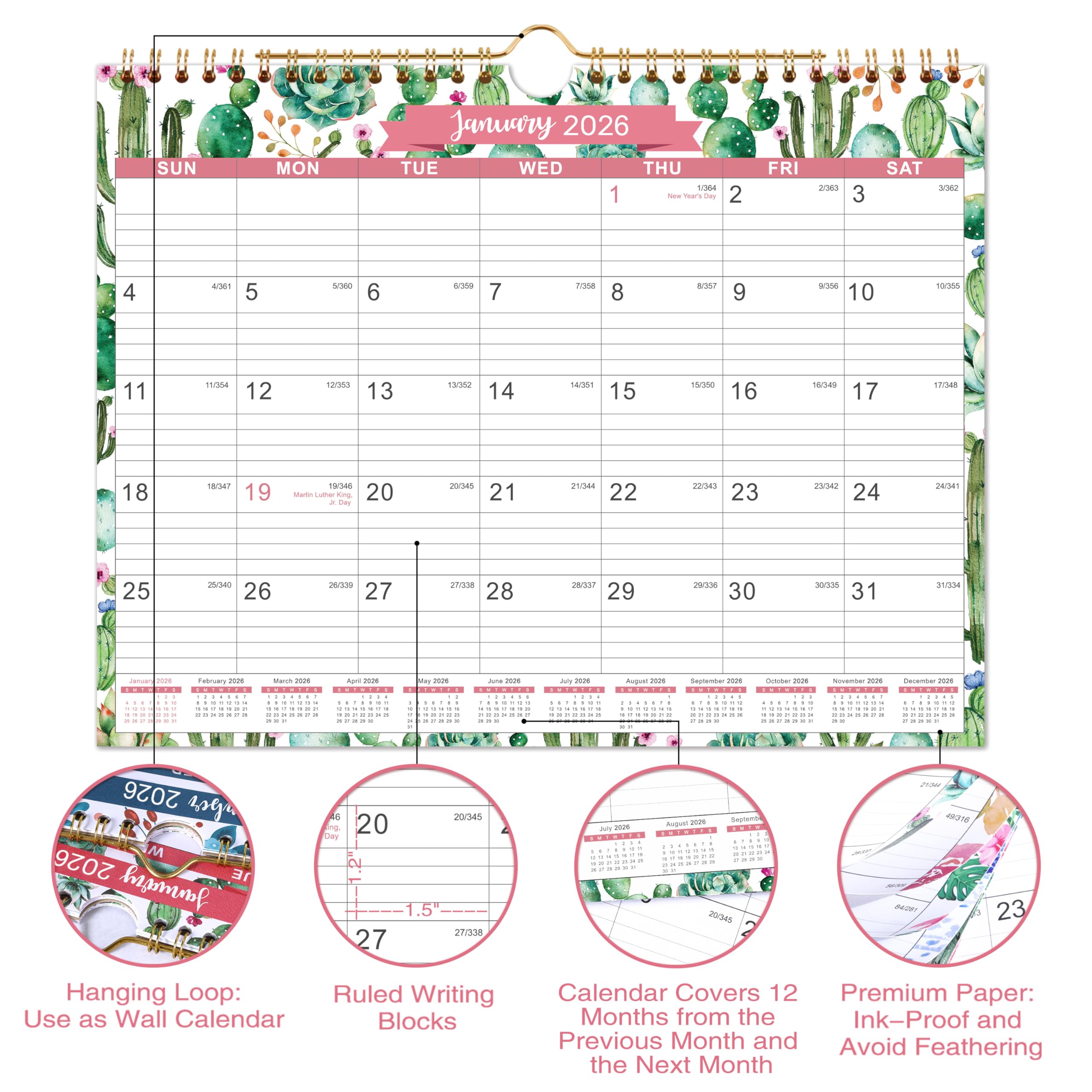 2025-2026 Wall Calendar - 18 Months Wall Calendar 2025-2026 from Jul. 2025 - Dec. 2026, 11" x 8.5", Twin-wire Binding, Ruled Blocks with Julian Dates