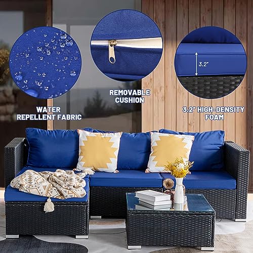 PAOLFOX 5 Piece Modern Patio Conversation Sets, Wicker Patio Furniture, Black/Blue