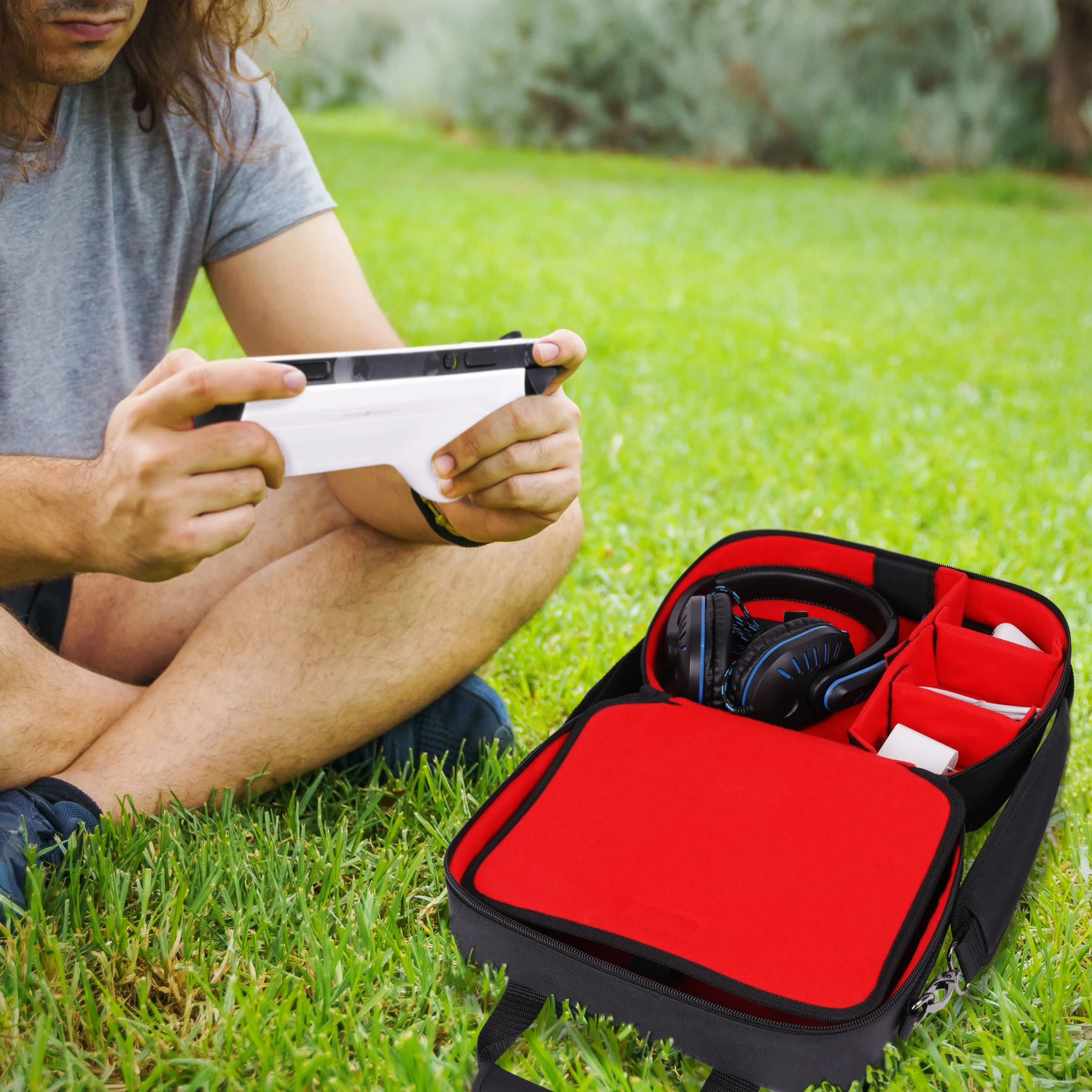 USA Gear Carrying Case Compatible with Logitech G Cloud, ASUS ROG Ally, PS5 Portal, Lenovo Legion Go & More - Protective Shoulder Bag Fits Headsets, Portable Console, AC Adapter, Dock Station - Red