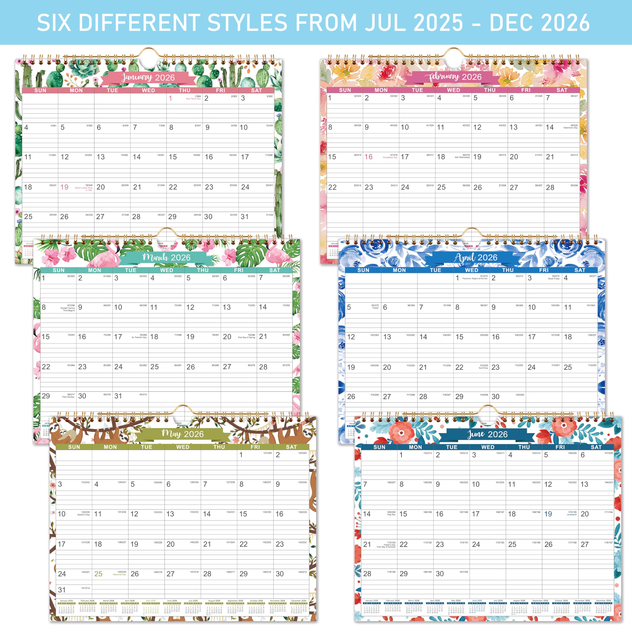 2025-2026 Wall Calendar - 18 Months Wall Calendar 2025-2026 from Jul. 2025 - Dec. 2026, 11" x 8.5", Twin-wire Binding, Ruled Blocks with Julian Dates