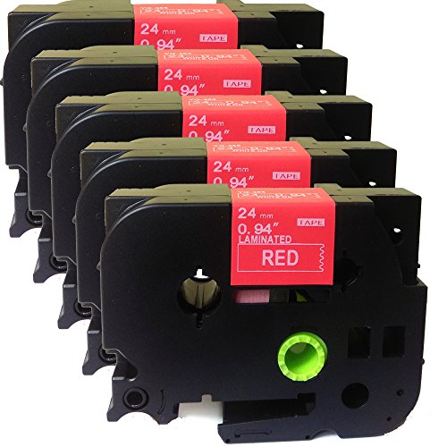 NEOUZA 5PK Compatible for Brother P-Touch Laminated Tze TZ Label Tape Cartridge 24mm x 8m (TZe-455 White on Red)