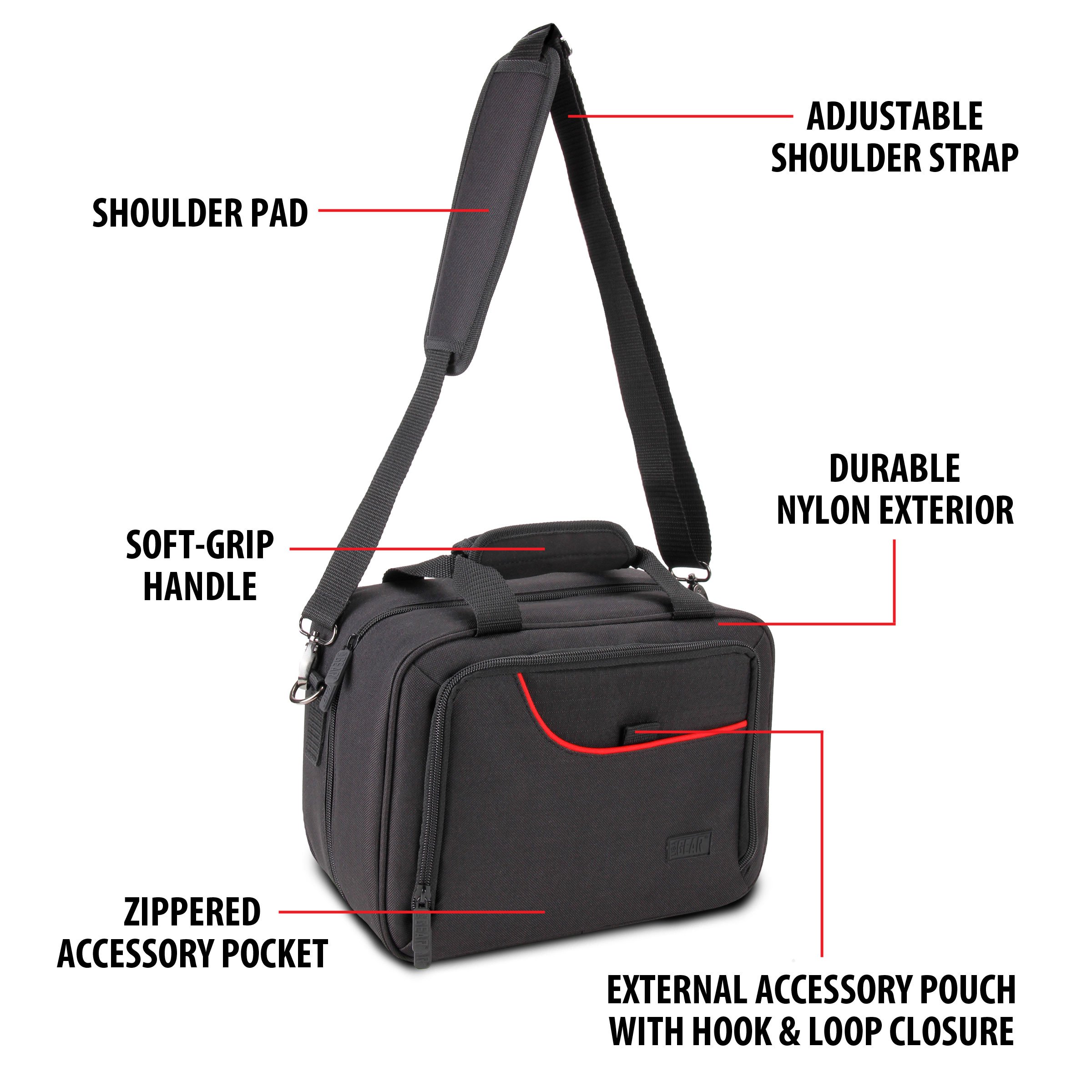 USA Gear Carrying Case Compatible with Logitech G Cloud, ASUS ROG Ally, PS5 Portal, Lenovo Legion Go & More - Protective Shoulder Bag Fits Headsets, Portable Console, AC Adapter, Dock Station - Red