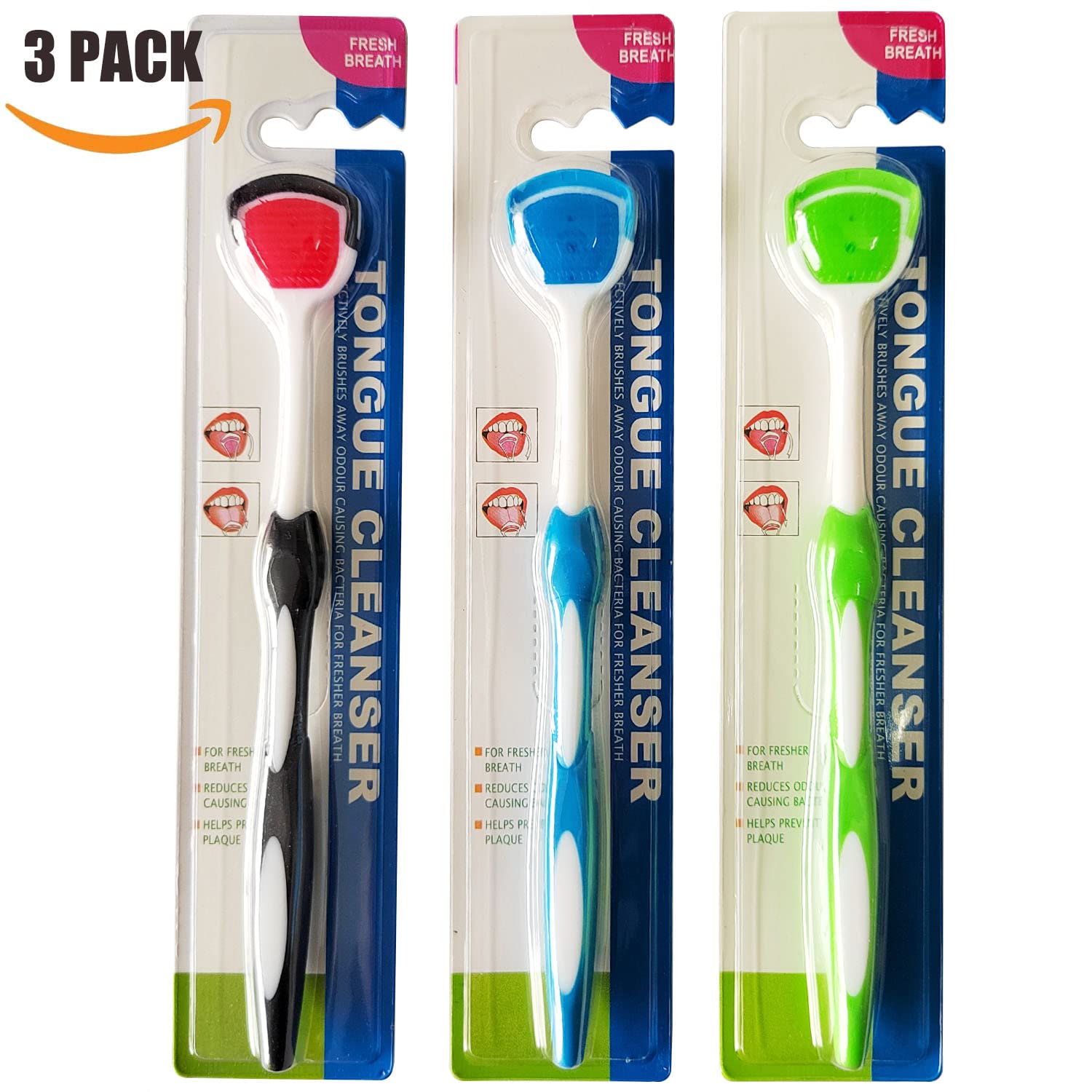 Tongue Brush, Tongue Scraper, Tongue Cleaner Helps Fight Bad Breath, 3 Tongue Scrapers, 3 Pack (Black & Blue & Green)
