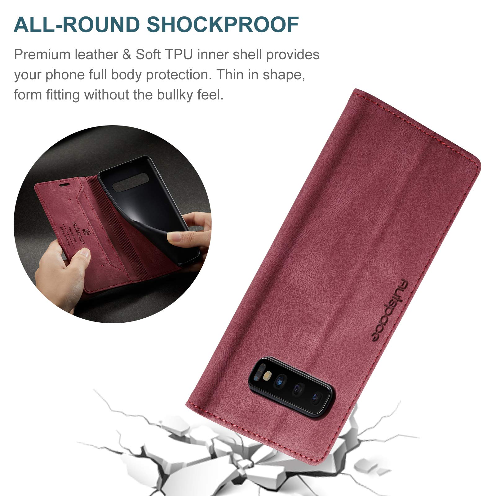 TOHULLE for Samsung Galaxy S10 Plus Case, Vintage Wallet Case Card Holder Kickstand Built-in Magnetic Flip Folio Leather Case for Galaxy S10 Plus - Red