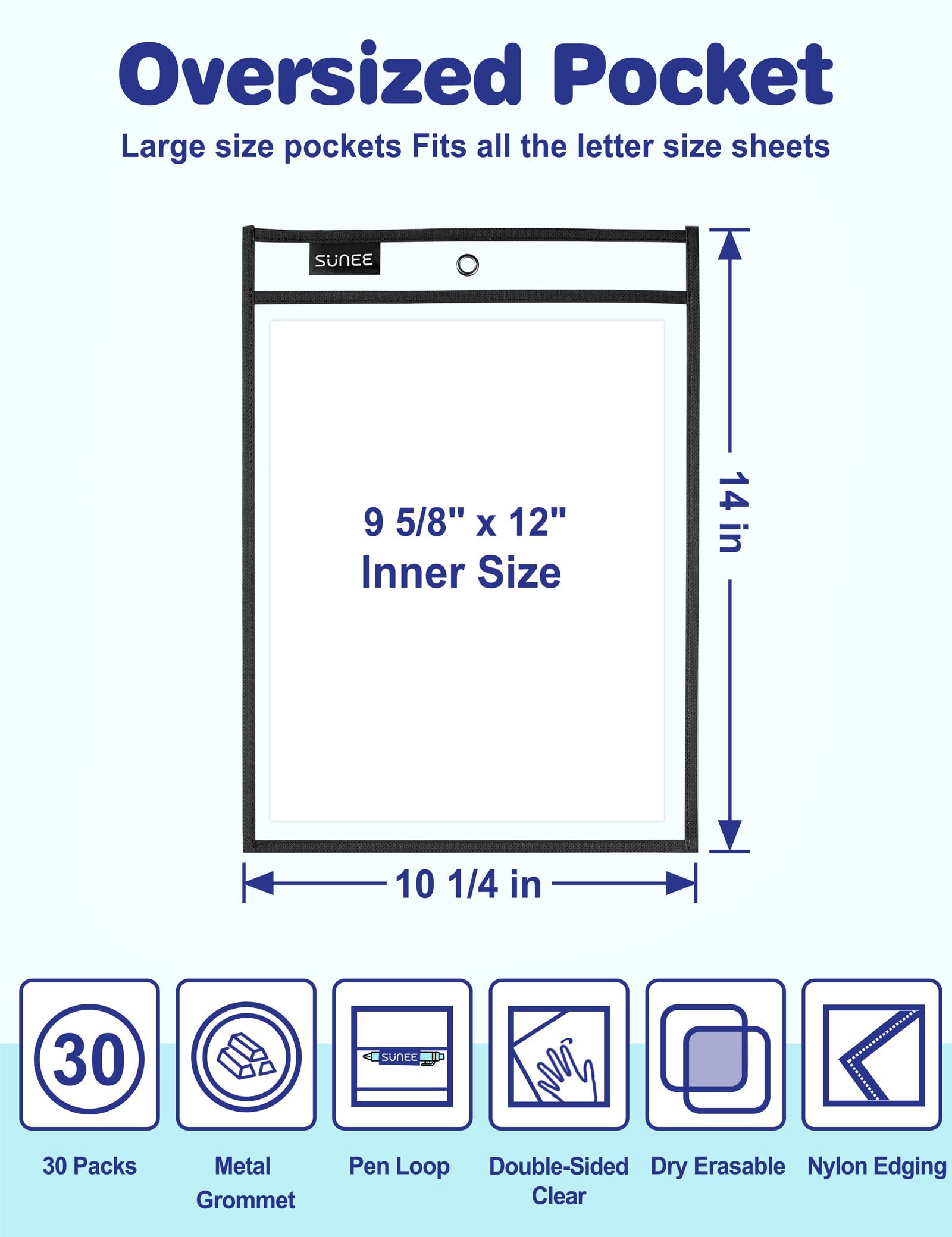 SUNEE 30 Packs Oversized Reusable Dry Erase Pocket Sleeves with 2 Rings, Black 10x14 Ticket Holders, Clear Plastic Sheet Protectors, Teacher School Classroom Supplies