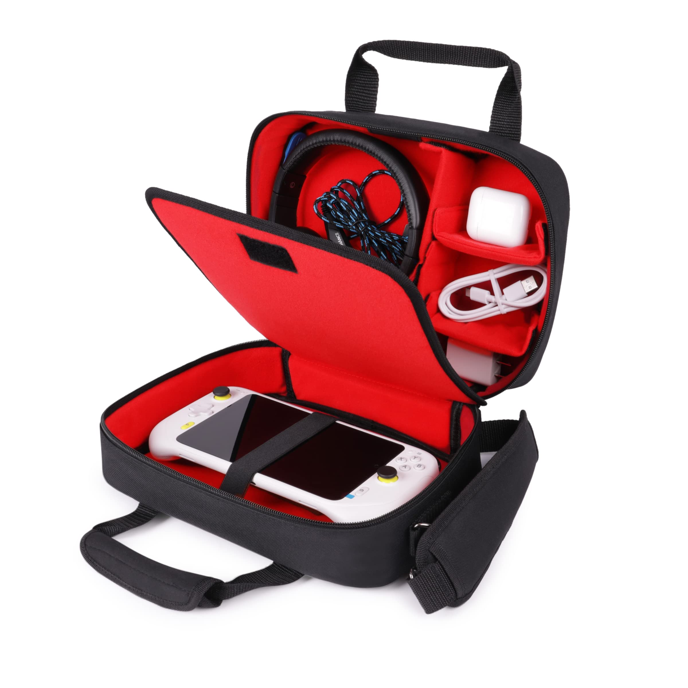 USA Gear Carrying Case Compatible with Logitech G Cloud, ASUS ROG Ally, PS5 Portal, Lenovo Legion Go & More - Protective Shoulder Bag Fits Headsets, Portable Console, AC Adapter, Dock Station - Red