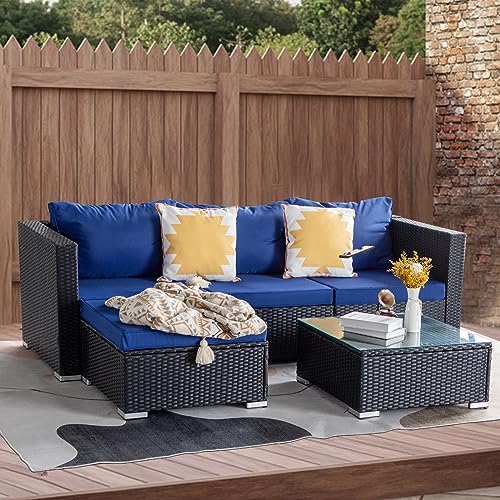 PAOLFOX 5 Piece Modern Patio Conversation Sets, Wicker Patio Furniture, Black/Blue