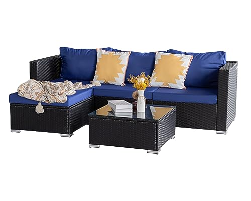 PAOLFOX 5 Piece Modern Patio Conversation Sets, Wicker Patio Furniture, Black/Blue