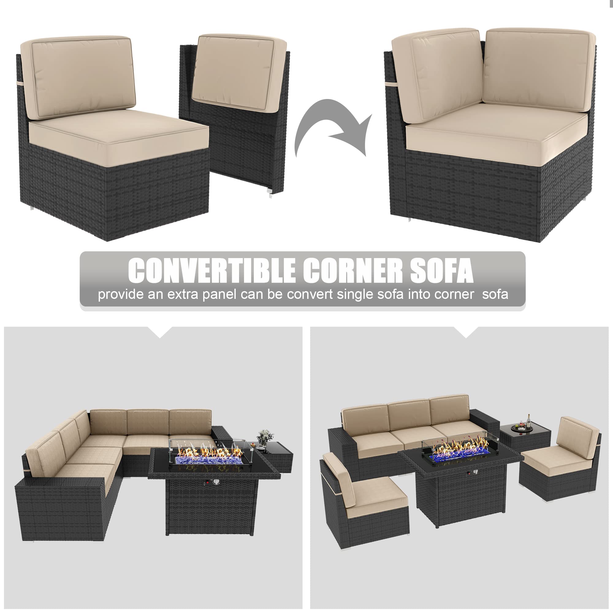 LayinSun 7 Pieces Outdoor Patio Furniture Set with 44" Fire Pit Table Rattan Sectional Sofa Conversation Sets