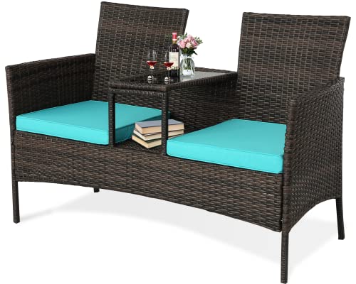 BPTD Outdoor Patio Loveseat Patio Furniture Set Rattan Patio Bistro Set Wicker Conversation Furniture Sets with Cushios and Built-in Coffee Table for Balcony, Lawn, Backyard (Brown/Turquoise)