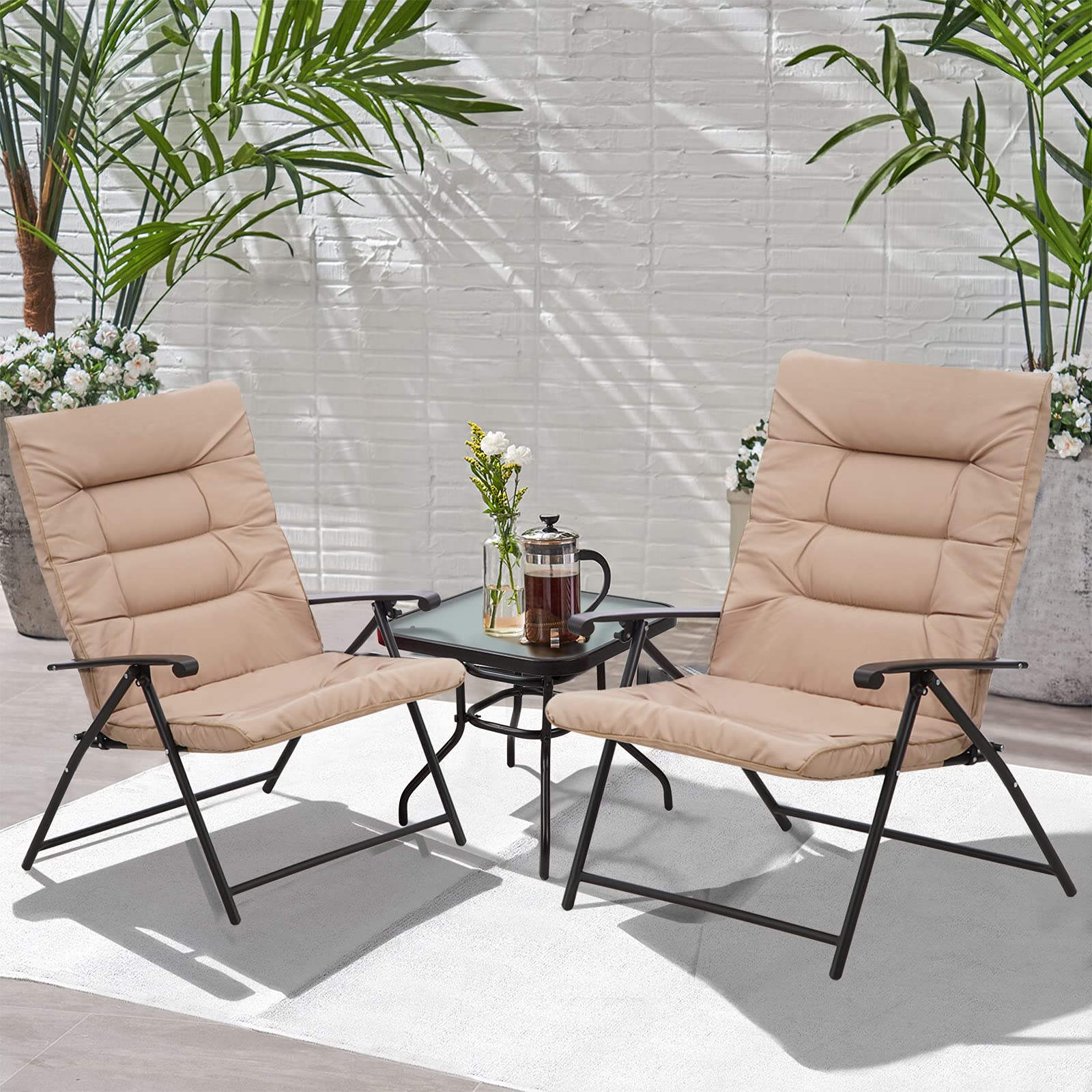 Omelaza 3 Pieces Patio Padded Folding Chair, Outdoor Adjustable Reclining Lounge Chairs with Tempered Glass Table (Beige)