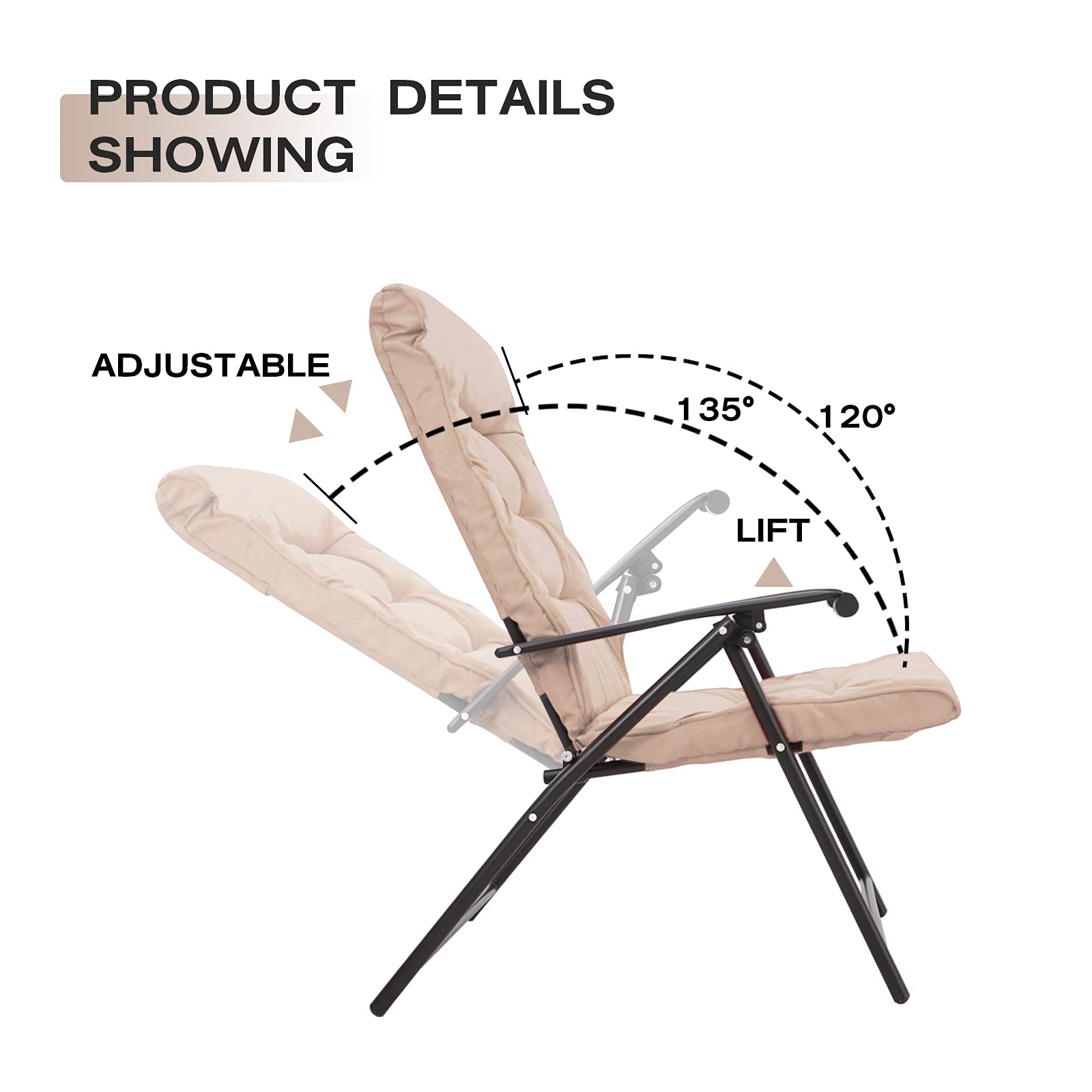 Omelaza 3 Pieces Patio Padded Folding Chair, Outdoor Adjustable Reclining Lounge Chairs with Tempered Glass Table (Beige)