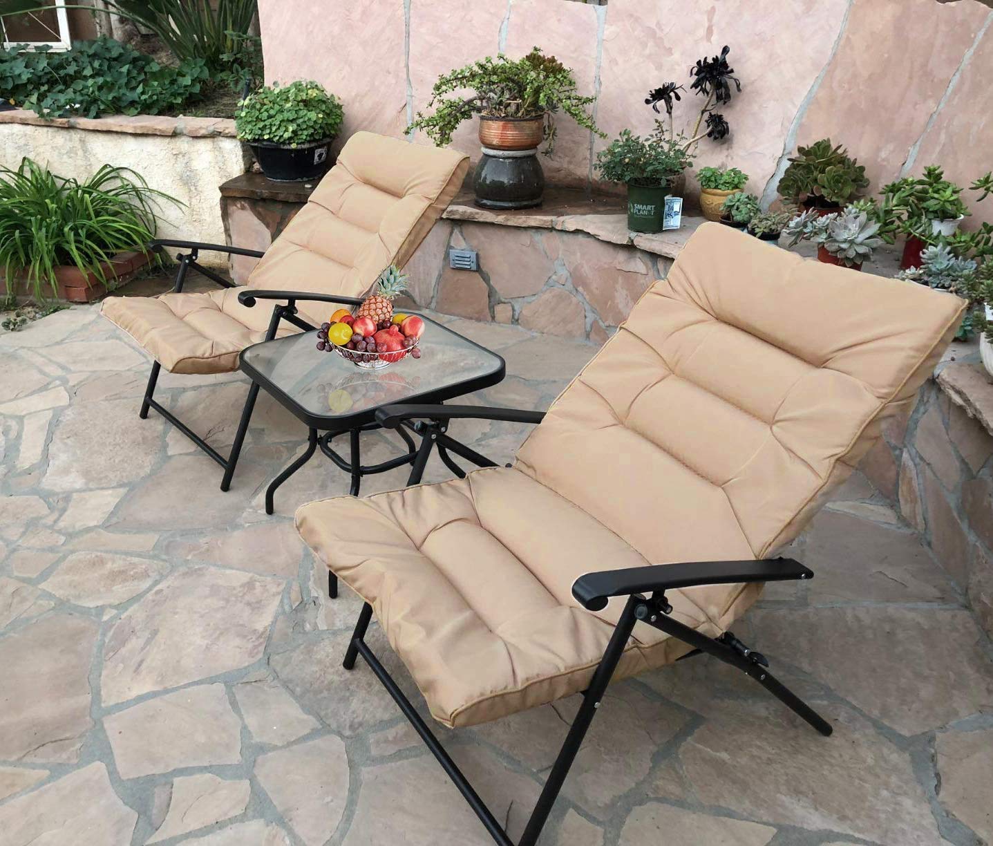 Omelaza 3 Pieces Patio Padded Folding Chair, Outdoor Adjustable Reclining Lounge Chairs with Tempered Glass Table (Beige)