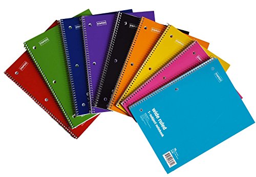 Staples Spiral Notebook 1-subject, 70-count, Wide Ruled, Assorted Colors, (12 Pack)