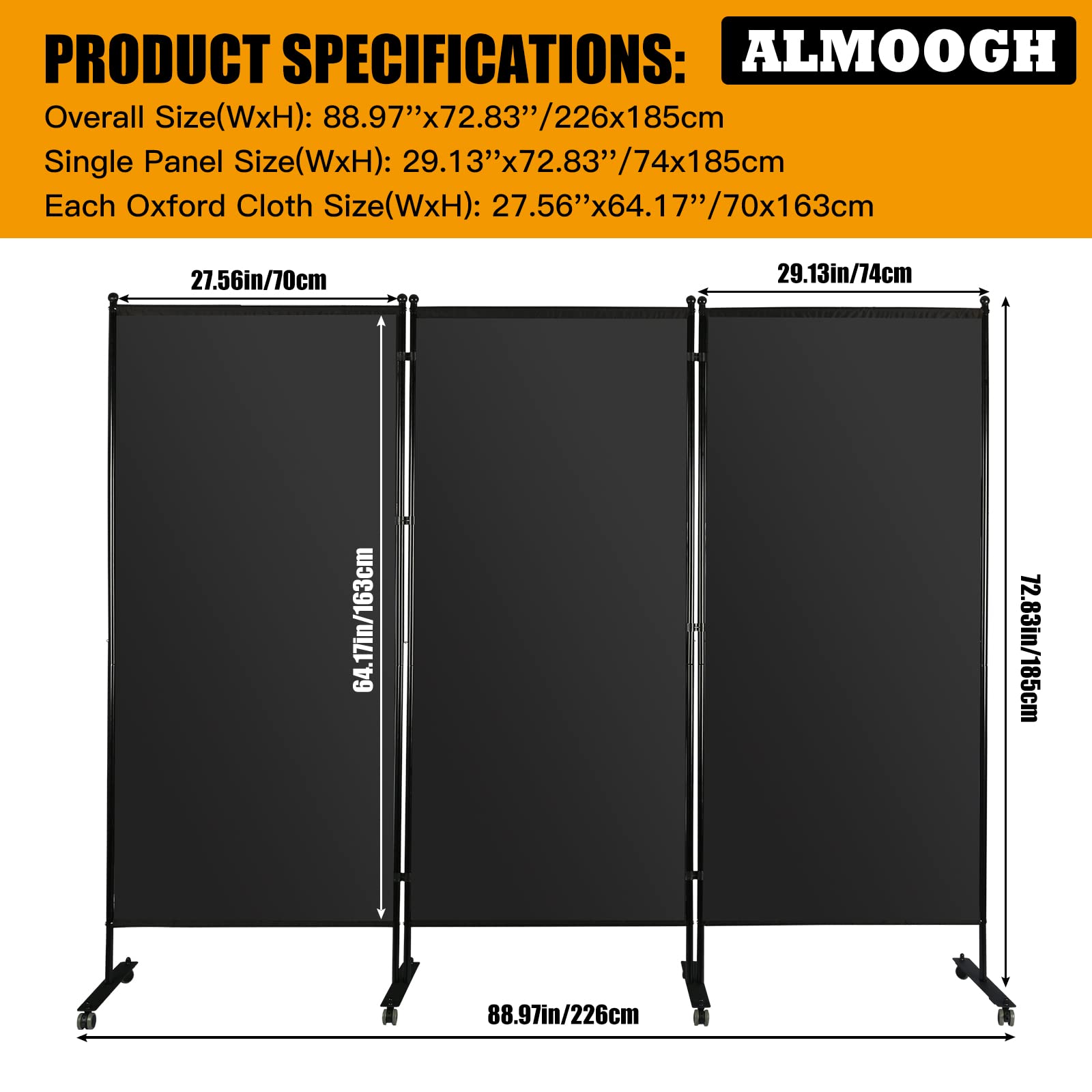 ALMOOGH Office Partition 89" W x 14" D x 73" H Room Divider Wall 3-Panel Office Divider Folding Portable Office Walls Divider with Non-See-Through Fabric Room Partition Black for Room Office